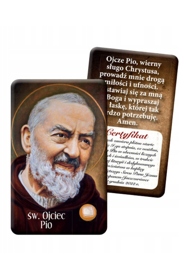 Karta św. Ojciec Pio z relikwiami | wydawnictwowam.pl
